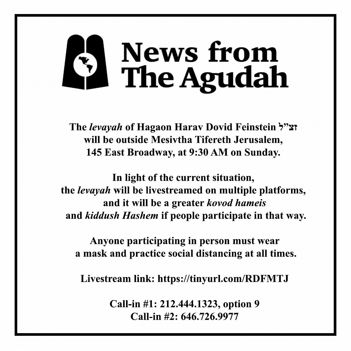 Jewish People Mourn the Loss of Rabbi Dovid Feinstein. Updated with ...